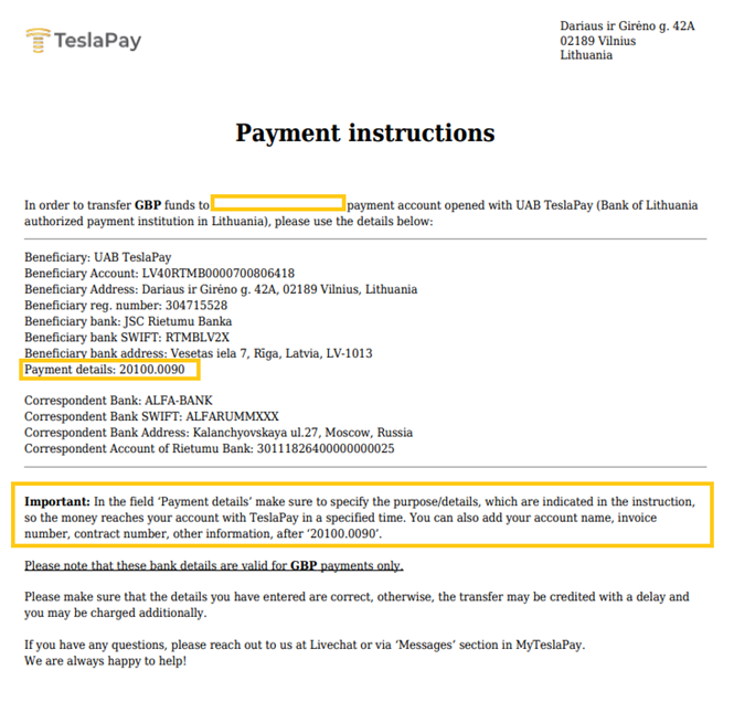 Payment instructions